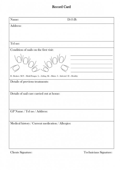 Nail Technician client record card template - Nail Lacquer UK